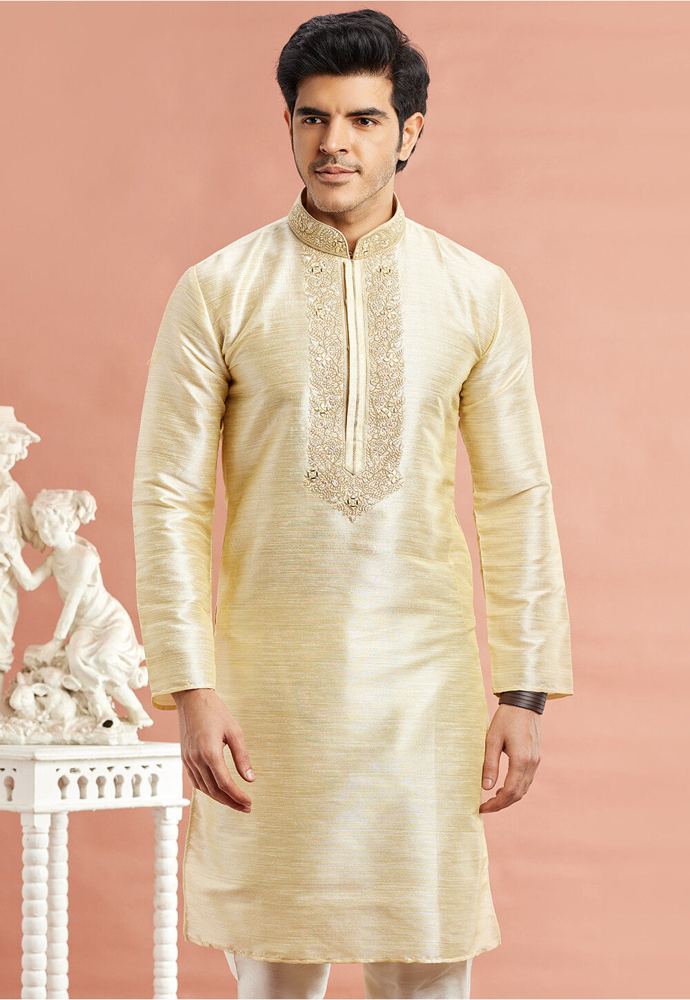 Buy Embroidered Art Silk Kurta in Light Beige Online : MLY2388 - Utsav Fashion