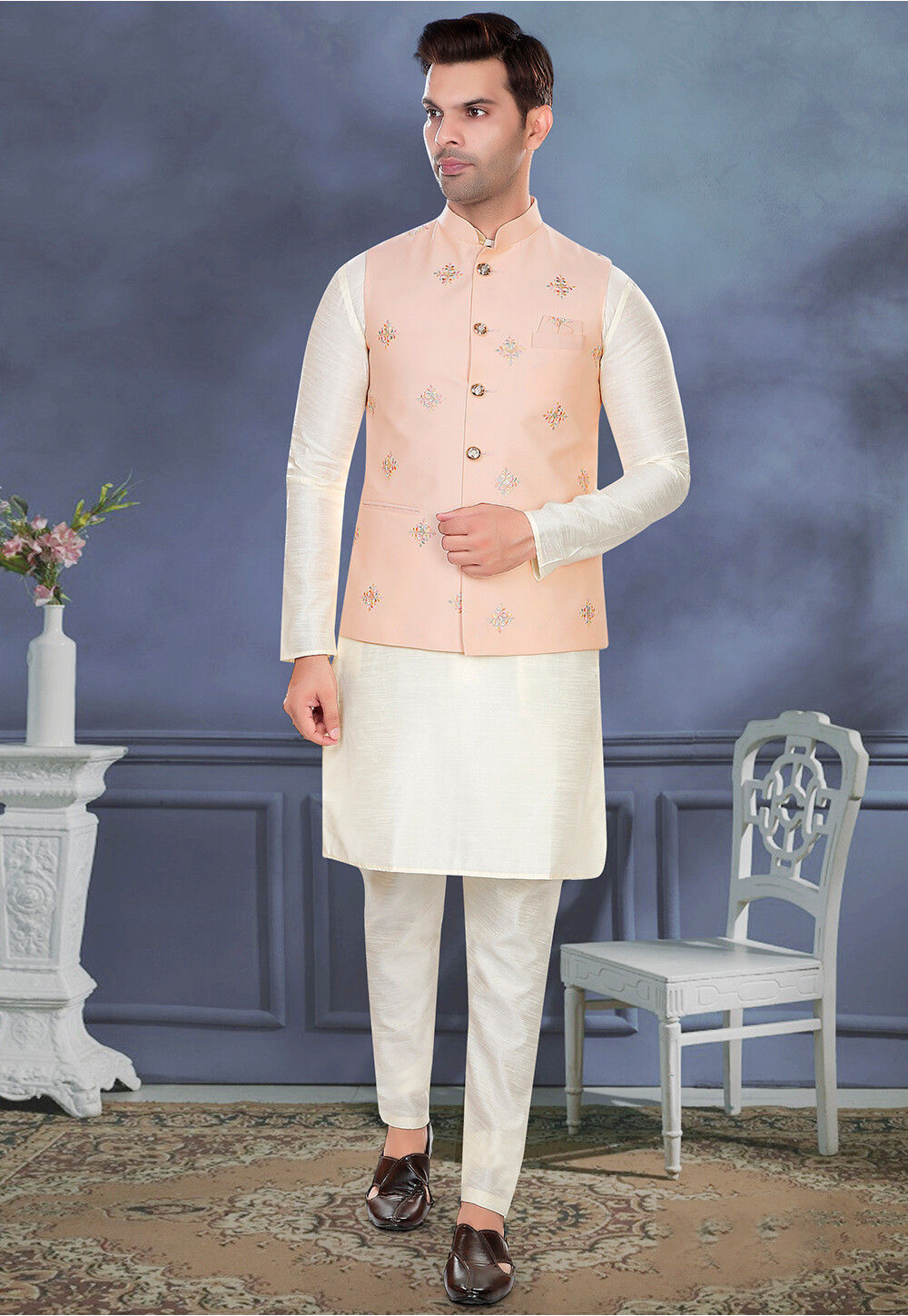 Buy Embroidered Art Silk Kurta Jacket Set in Cream and Peach Online ...