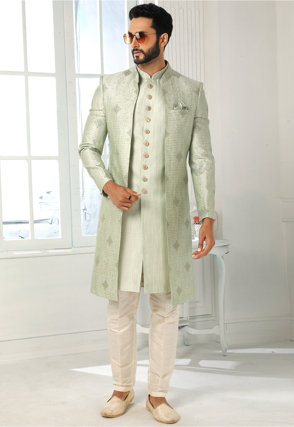 Buy Embroidered Art Silk Kurta Jacket Set in Light Green Online ...