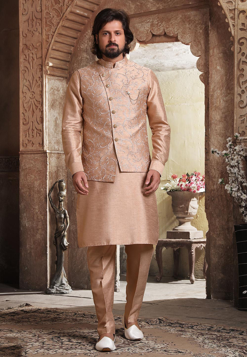 Buy Embroidered Art Silk Kurta Jacket Set in Peach Online : MGV1296 ...