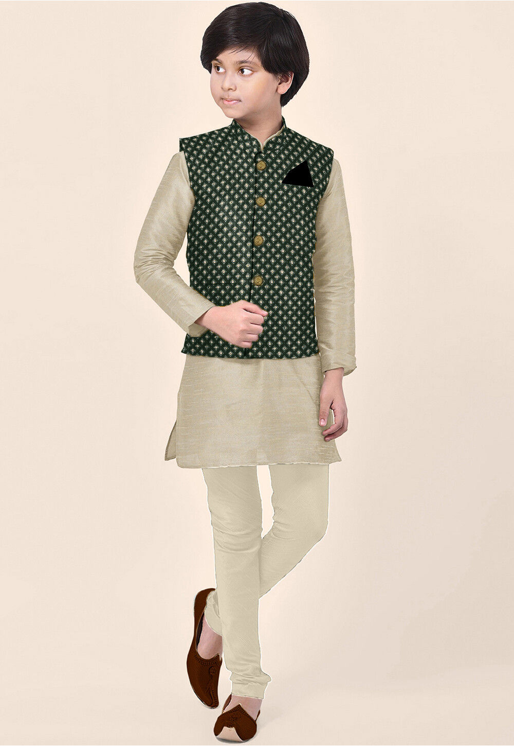 Buy Embroidered Art Silk Kurta Set in Beige and Dark Green Online ...