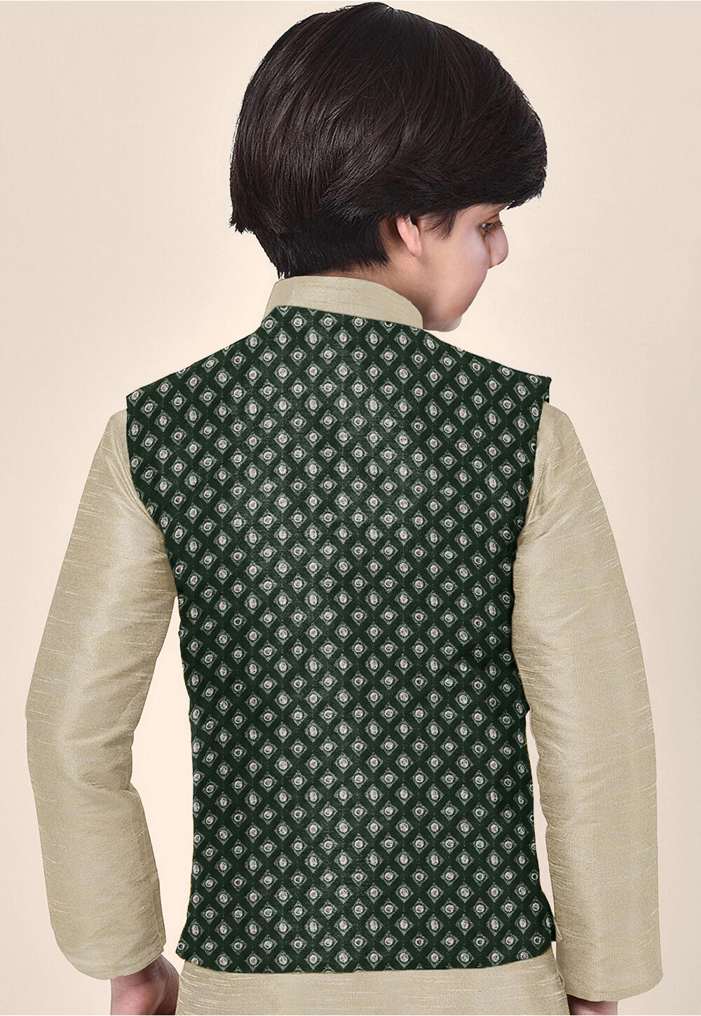Buy Embroidered Art Silk Kurta Set in Beige and Dark Green Online ...