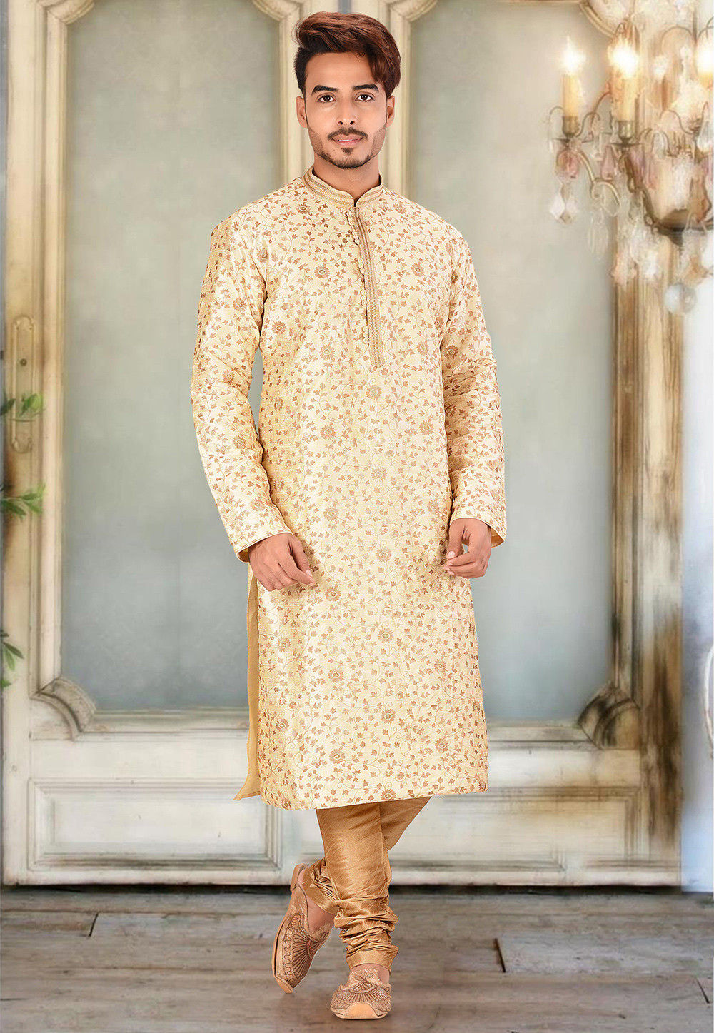 Buy Embroidered Art Silk Kurta Set in Light Beige Online : MPC1056 ...