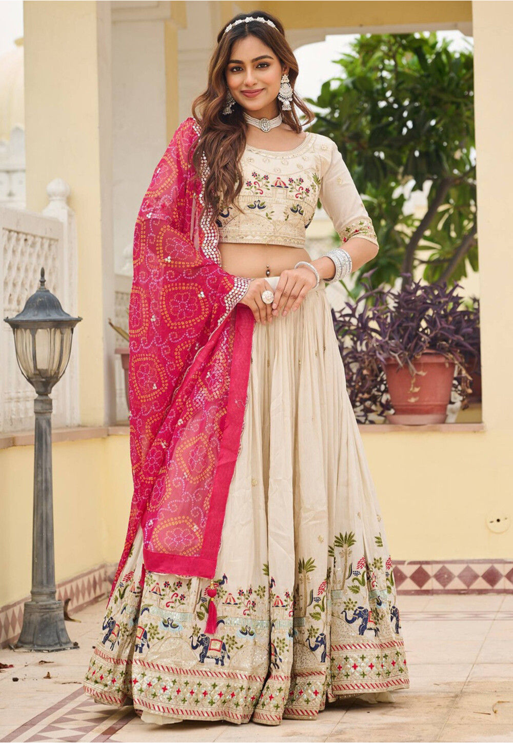 Buy Embroidered Art Silk Lehenga in Cream Online : LQU1617 - Utsav Fashion