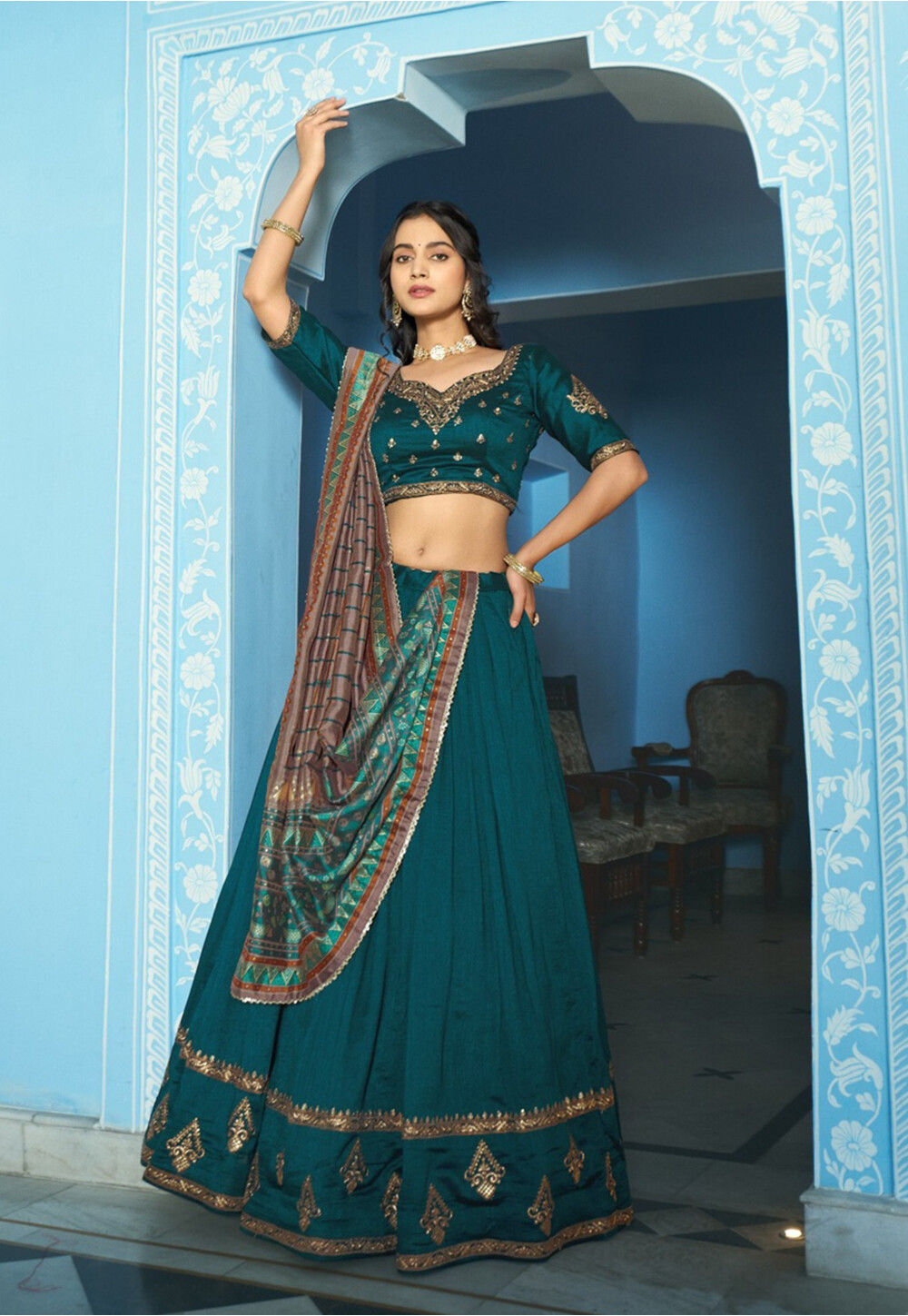 Buy Embroidered Art Silk Lehenga in Dark Teal Blue Online : LQU1748 ...