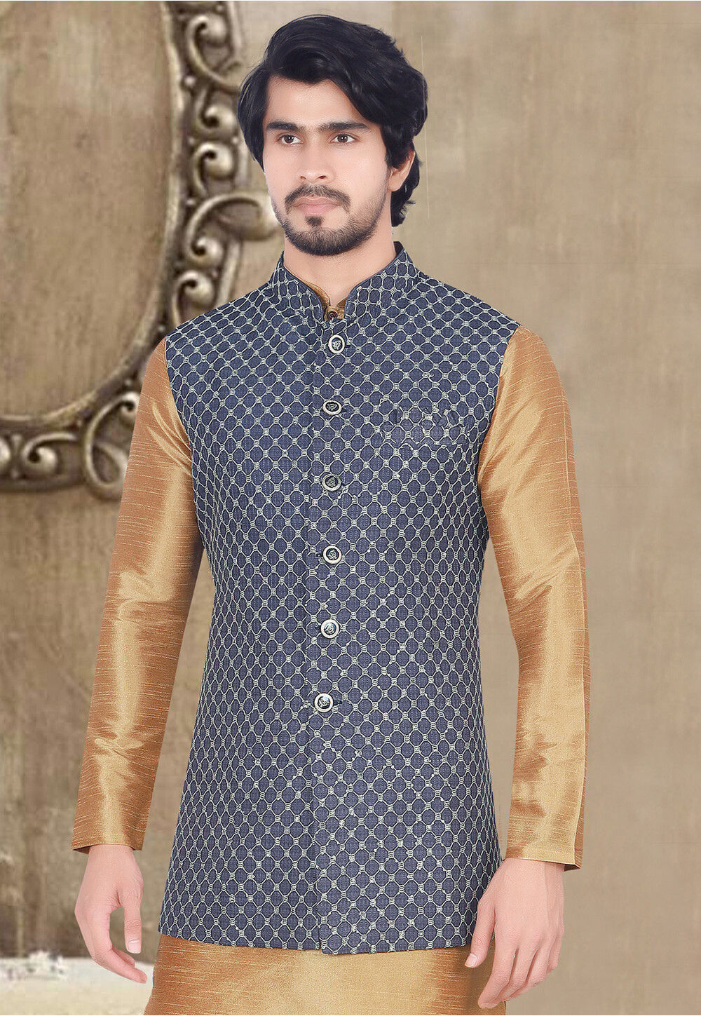 Buy Embroidered Art Silk Long Nehru Jacket in Navy Blue Online ...