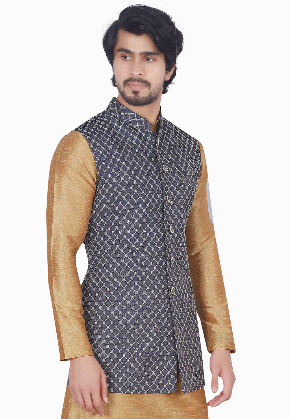 Buy Embroidered Art Silk Long Nehru Jacket in Navy Blue Online ...