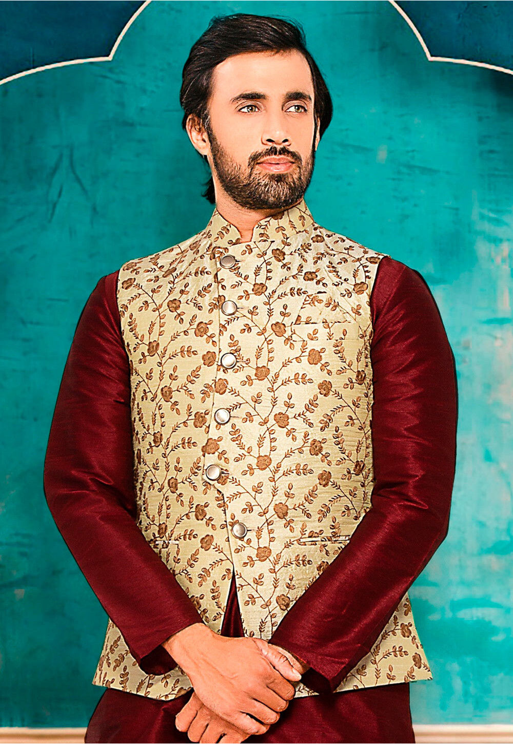 Buy Embroidered Art Silk Nehru Jacket in Beige Online : MHG2654 - Utsav Fashion