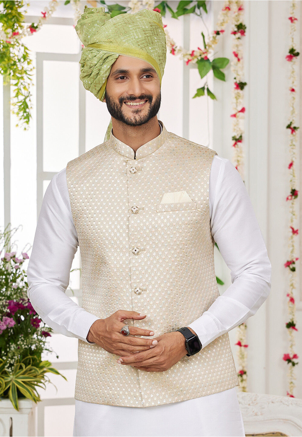 Buy Embroidered Art Silk Nehru Jacket in Beige Online : MLY2335 - Utsav Fashion