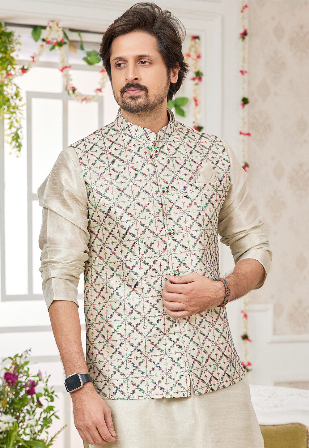 Buy Embroidered Art Silk Nehru Jacket in Beige Online : MLY2337 - Utsav Fashion