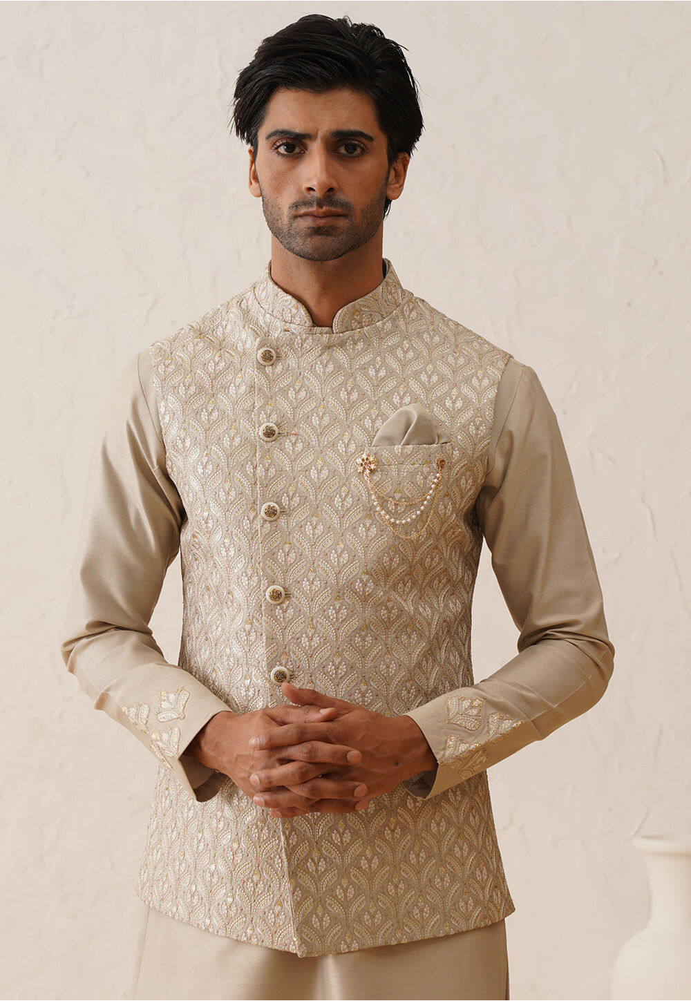 Buy Embroidered Art Silk Nehru Jacket in Beige Online : MXD141 - Utsav Fashion