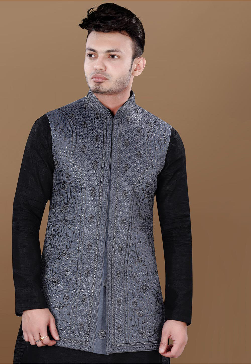Buy Embroidered Art Silk Nehru Jacket in Dark Grey Online : MHG3059 ...