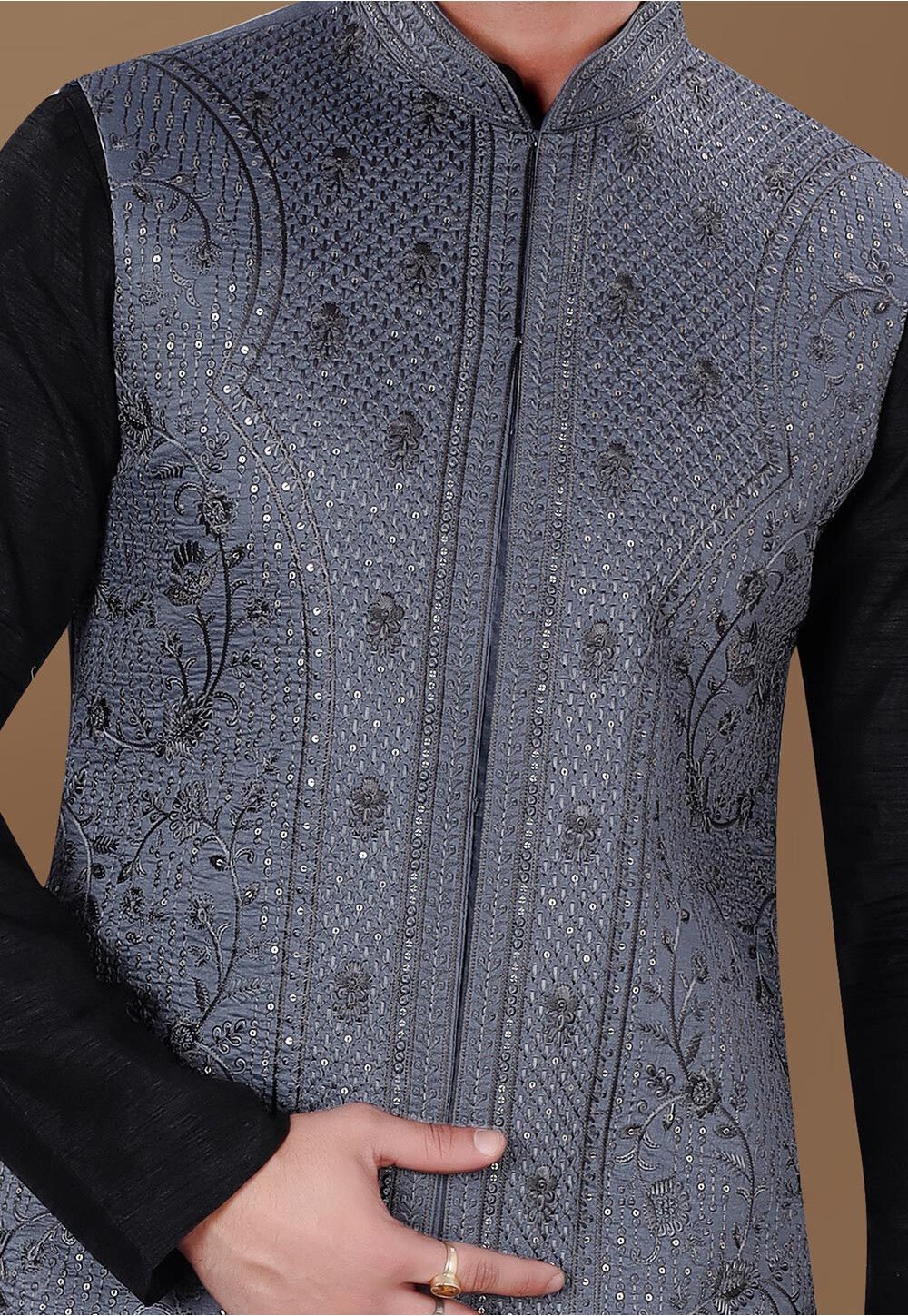 Buy Embroidered Art Silk Nehru Jacket in Dark Grey Online : MHG3059 ...