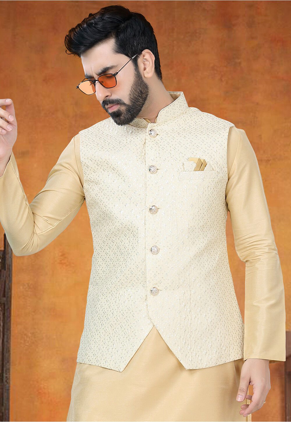 Buy Embroidered Art Silk Nehru Jacket in Light Beige Online : MUY2058 - Utsav Fashion