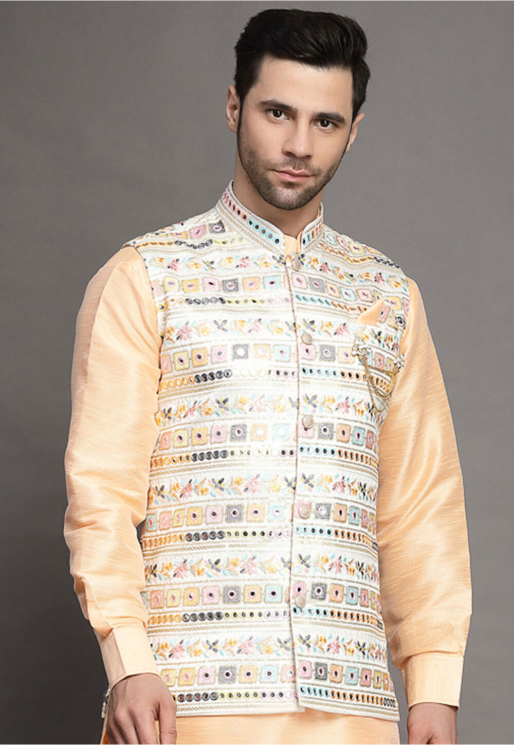 Buy Embroidered Art Silk Nehru Jacket in Light Beige Online : MXX136 - Utsav Fashion