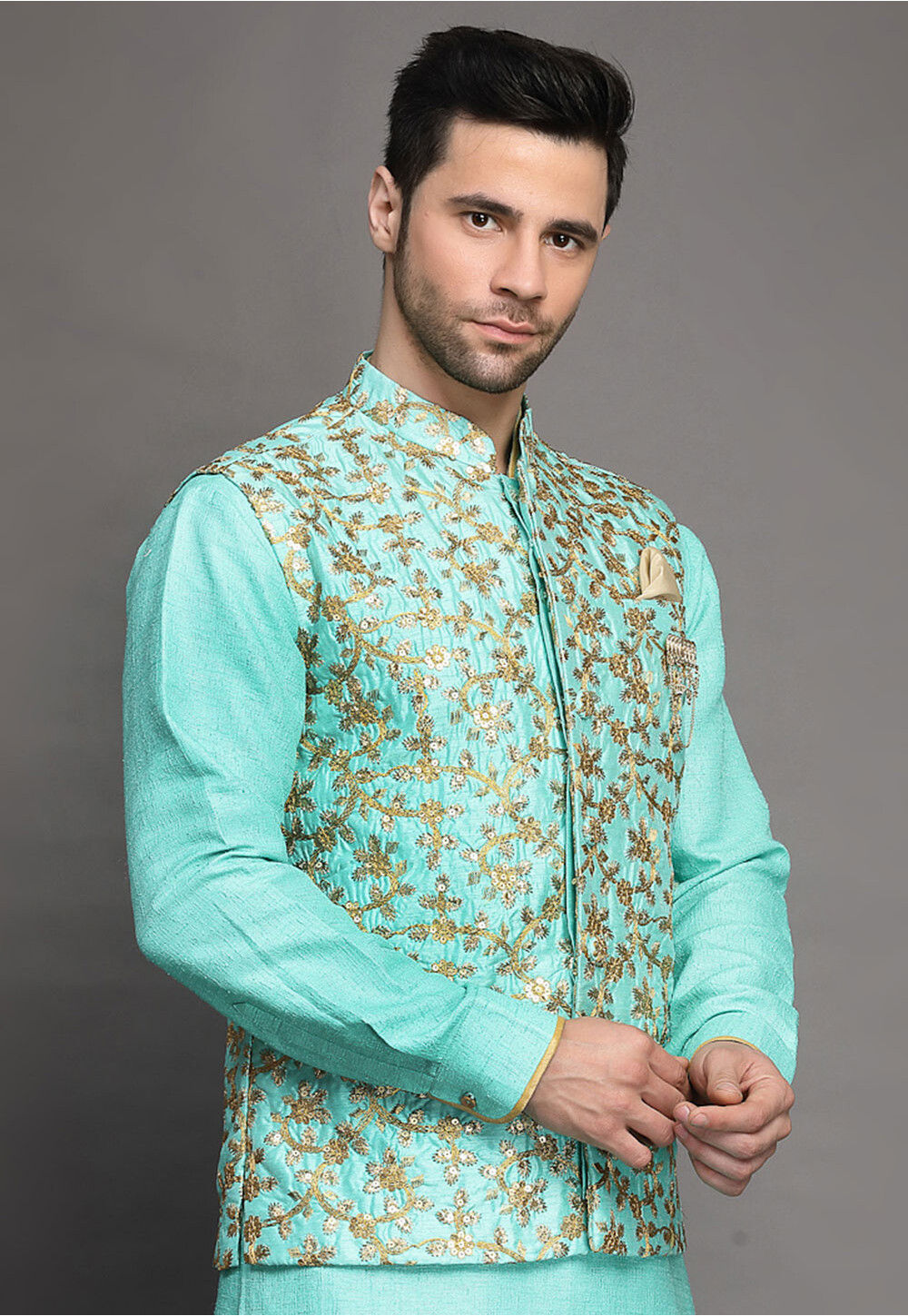 Buy Embroidered Art Silk Nehru Jacket in Light Blue Online : MXX120 ...