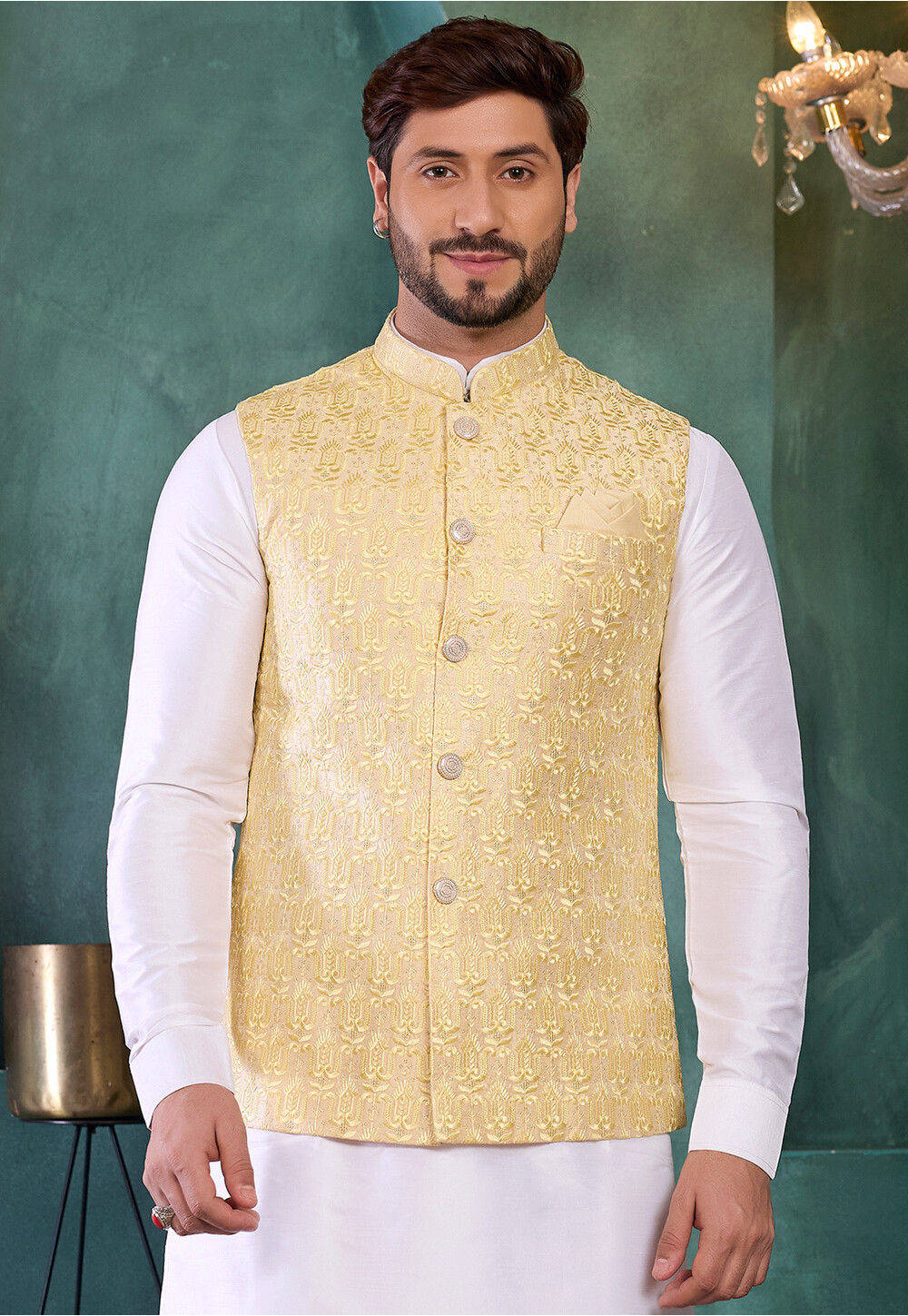 Buy Embroidered Art Silk Nehru Jacket in Light Yellow Online : MLY3255 ...