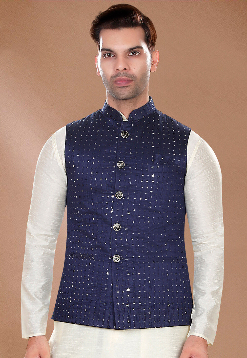 Buy Embroidered Art Silk Nehru Jacket in Navy Blue Online : MHG2372 ...
