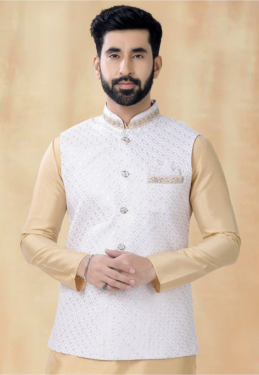 Buy Embroidered Art Silk Nehru Jacket in Off White Online : MUY2039 - Utsav Fashion