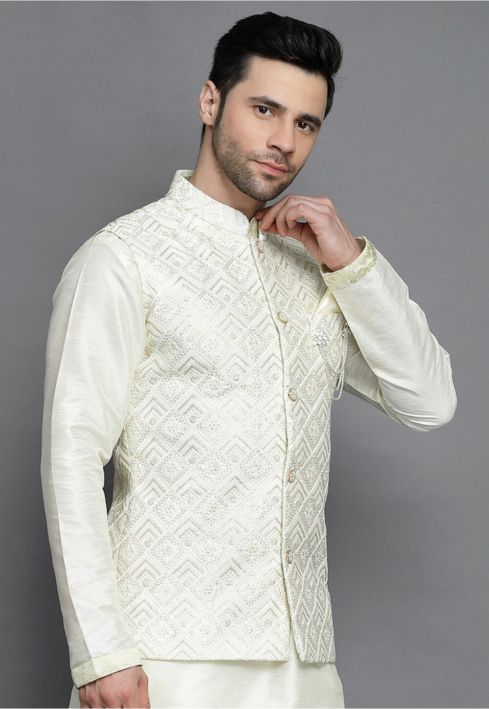 Buy Embroidered Art Silk Nehru Jacket in Off White Online : MXX142 - Utsav Fashion