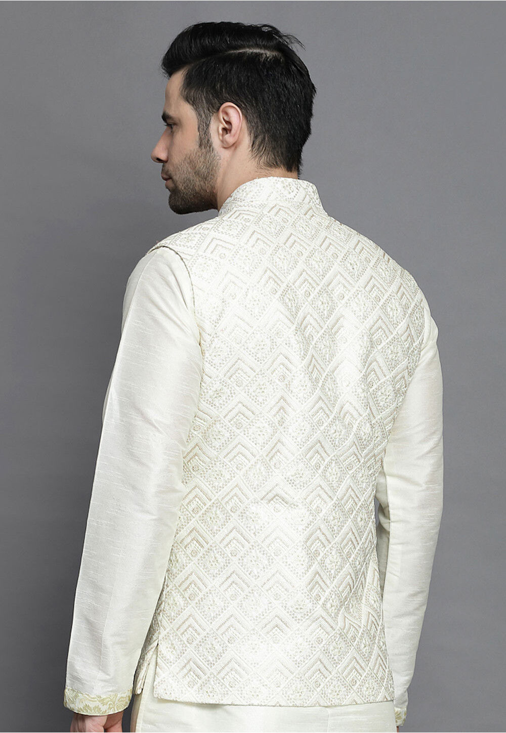 Buy Embroidered Art Silk Nehru Jacket in Off White Online : MXX142 - Utsav Fashion
