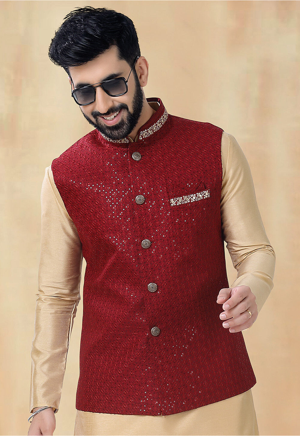 Buy Embroidered Art Silk Nehru Jacket in Red Online : MUY2040 - Utsav ...