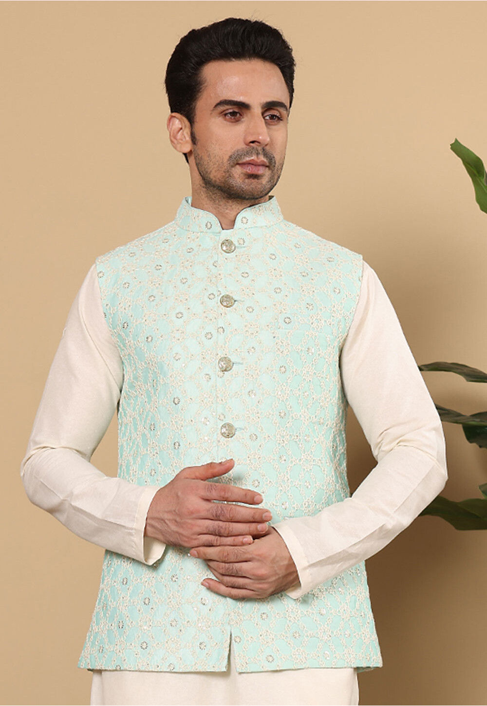Buy Embroidered Art Silk Nehru Jacket in Sea Green Online : MNR14 ...