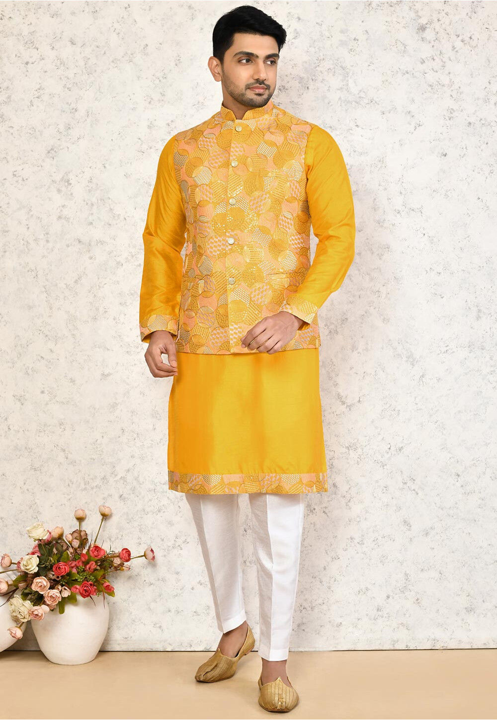 Buy Embroidered Art Silk Nehru Jacket in Yellow Online : MTX3219 ...