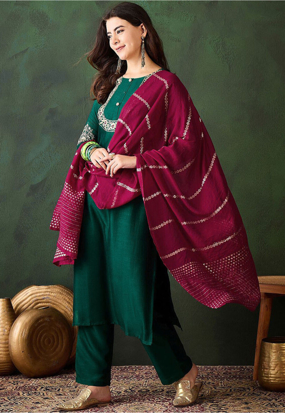 Buy Embroidered Art Silk Pakistani Suit in Dark Green Online : KJC6451 ...