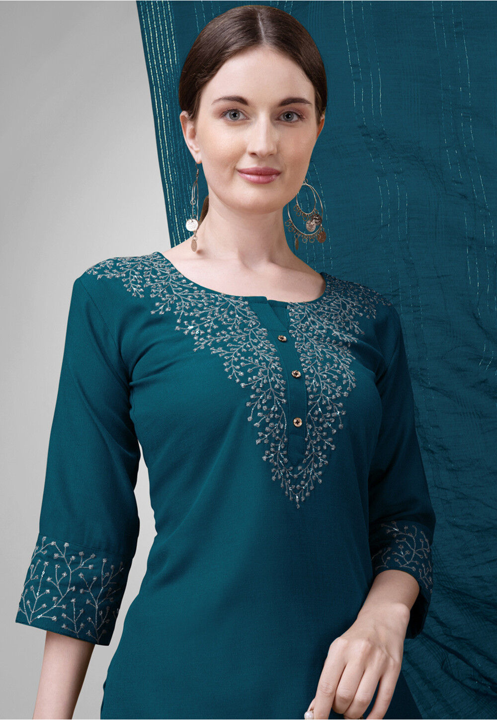 Buy Embroidered Art Silk Pakistani Suit in Dark Teal Blue Online ...
