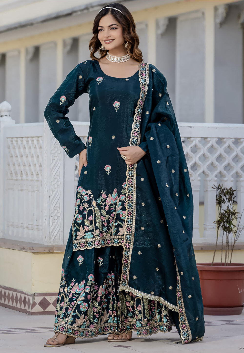 Buy Embroidered Art Silk Pakistani Suit in Dark Teal Blue Online ...