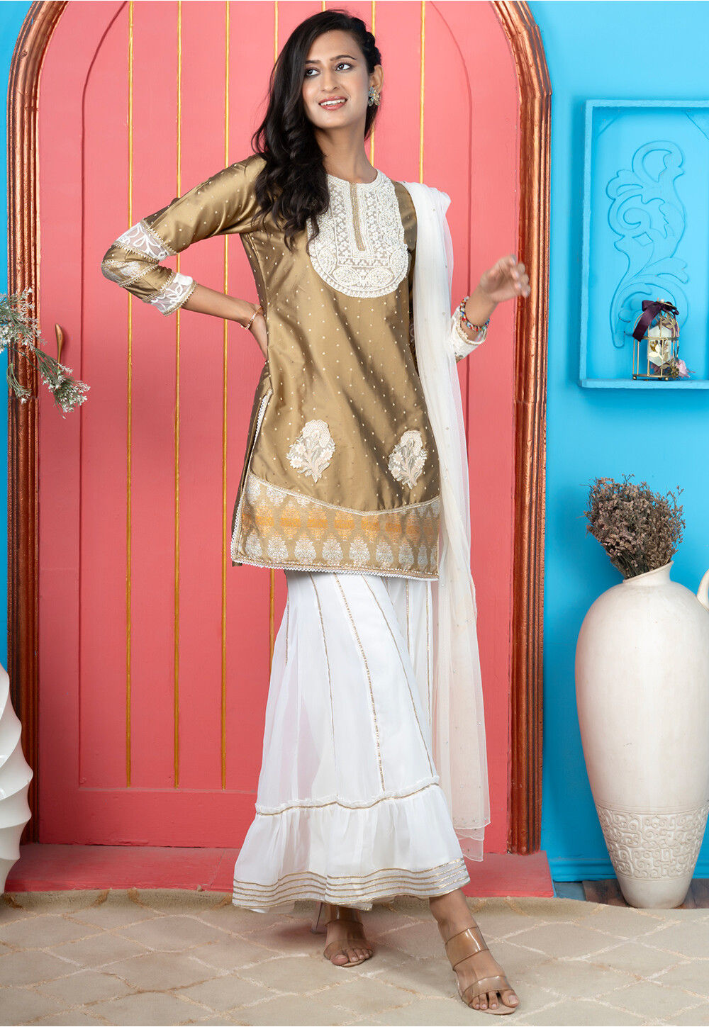Buy Embroidered Art Silk Pakistani Suit in Golden Online : KNF966 ...