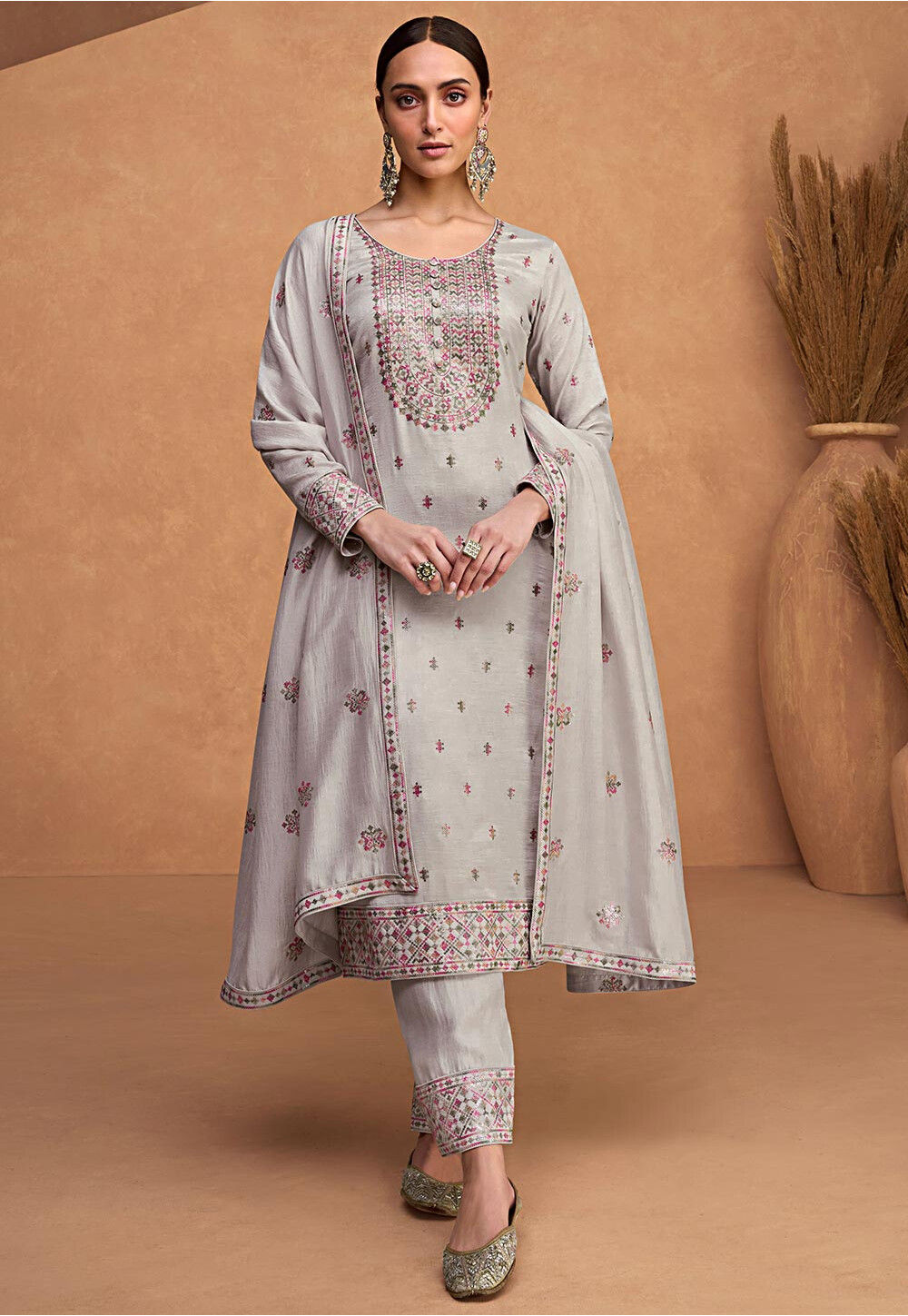 Buy Embroidered Art Silk Pakistani Suit in Grey Online : KCH10905 ...