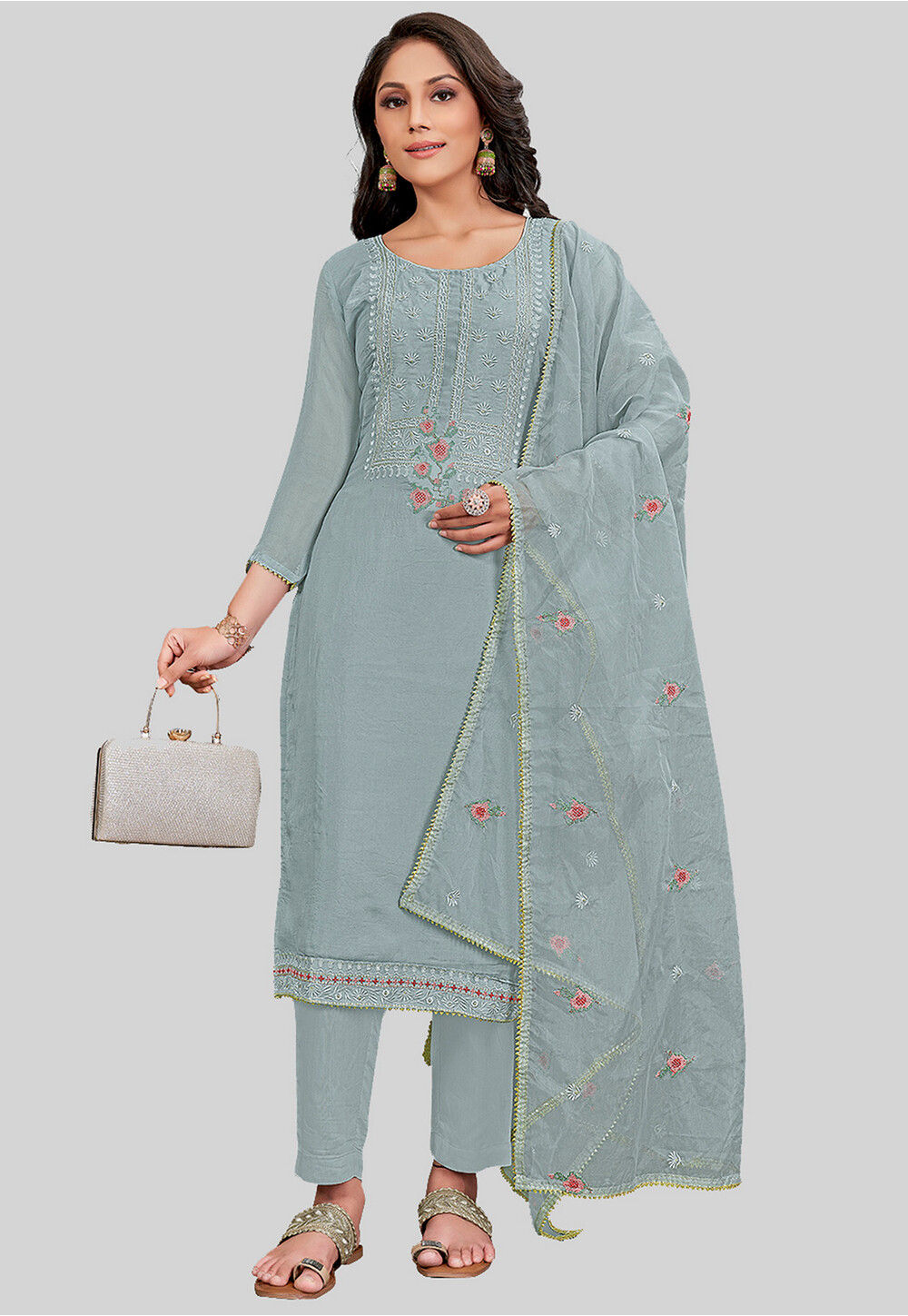 Buy Embroidered Art Silk Pakistani Suit in Grey Online : KJC4003 ...