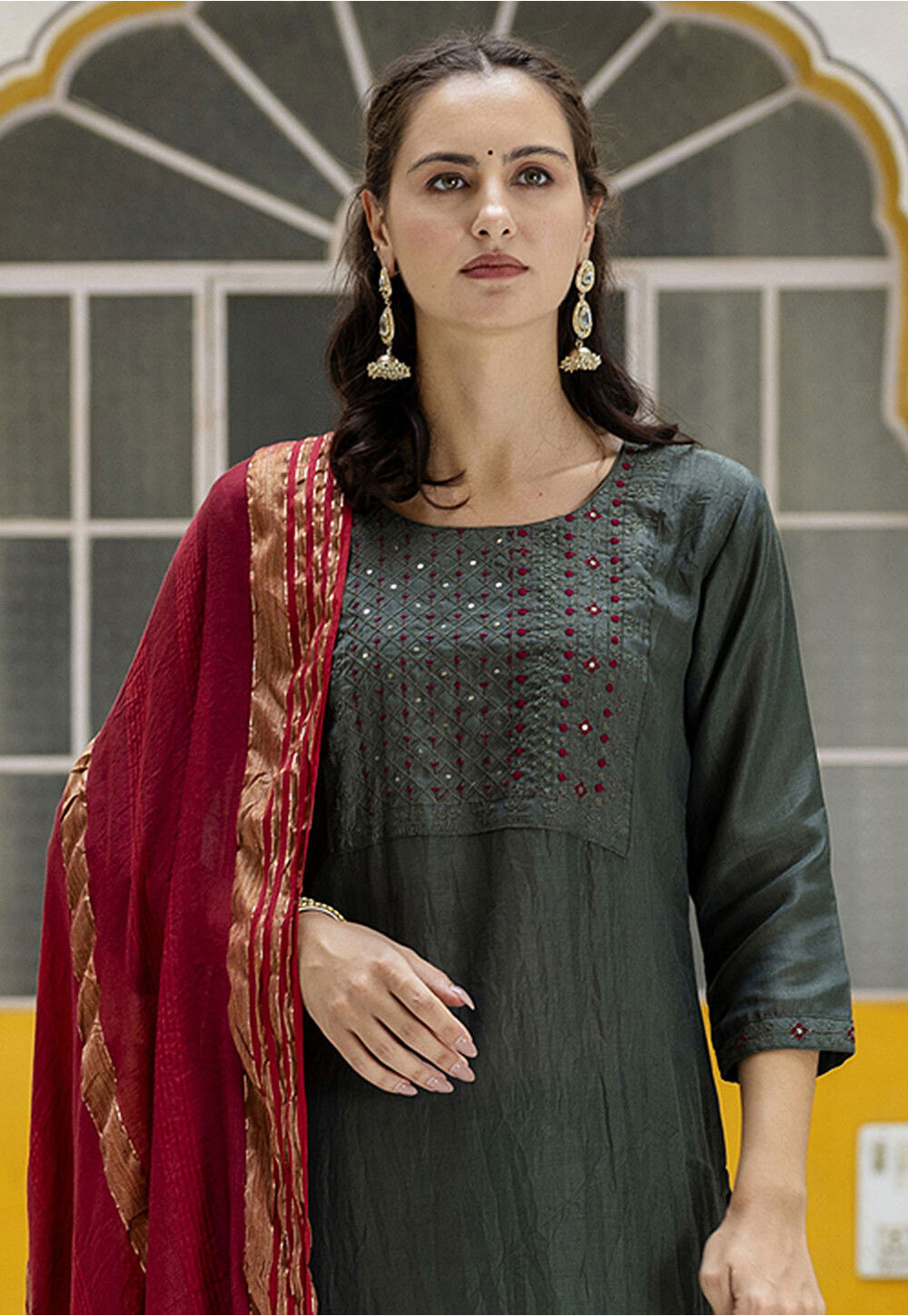 Buy Embroidered Art Silk Pakistani Suit in Grey Online : KRD443 - Utsav ...