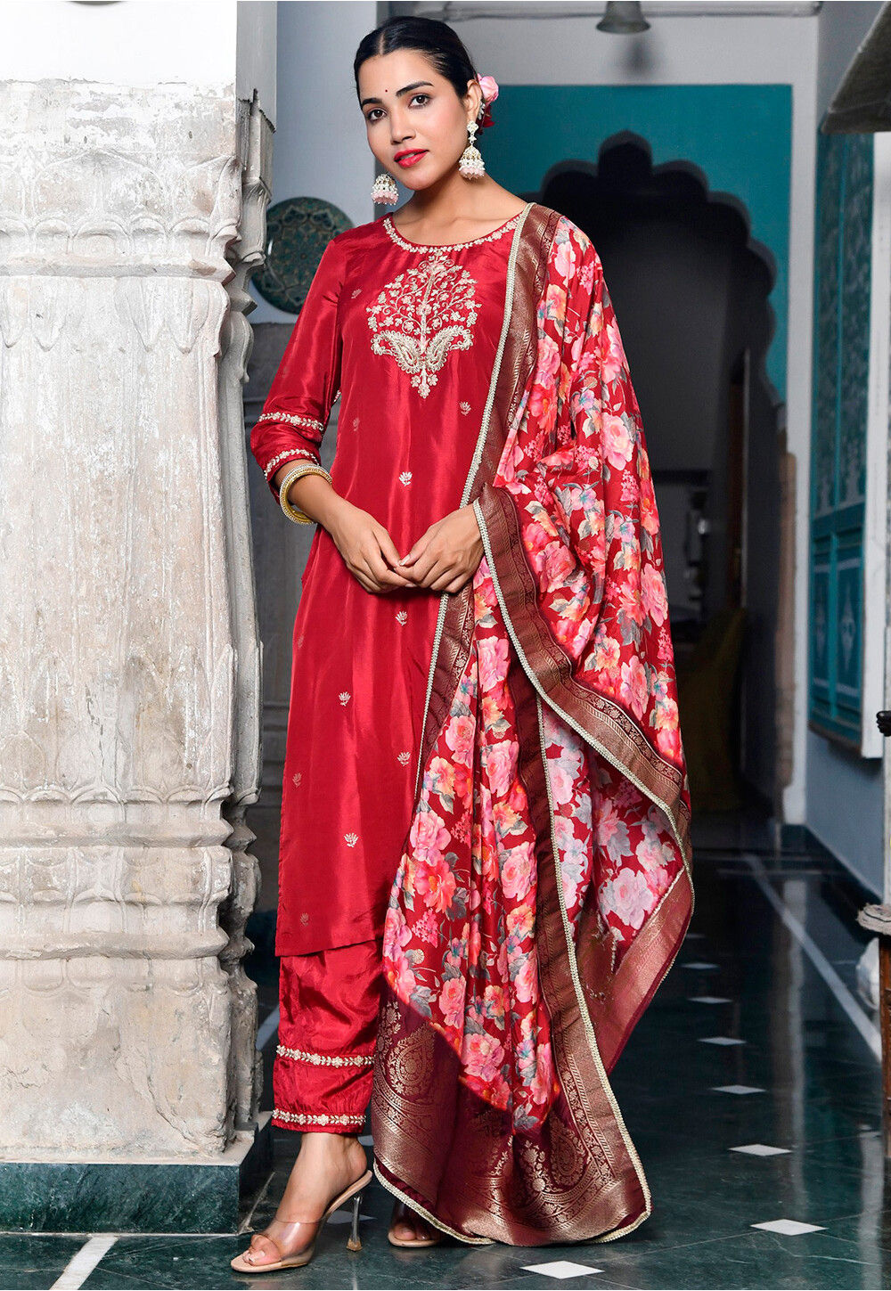 Buy Embroidered Art Silk Pakistani Suit in Maroon Online : KJN4705 ...