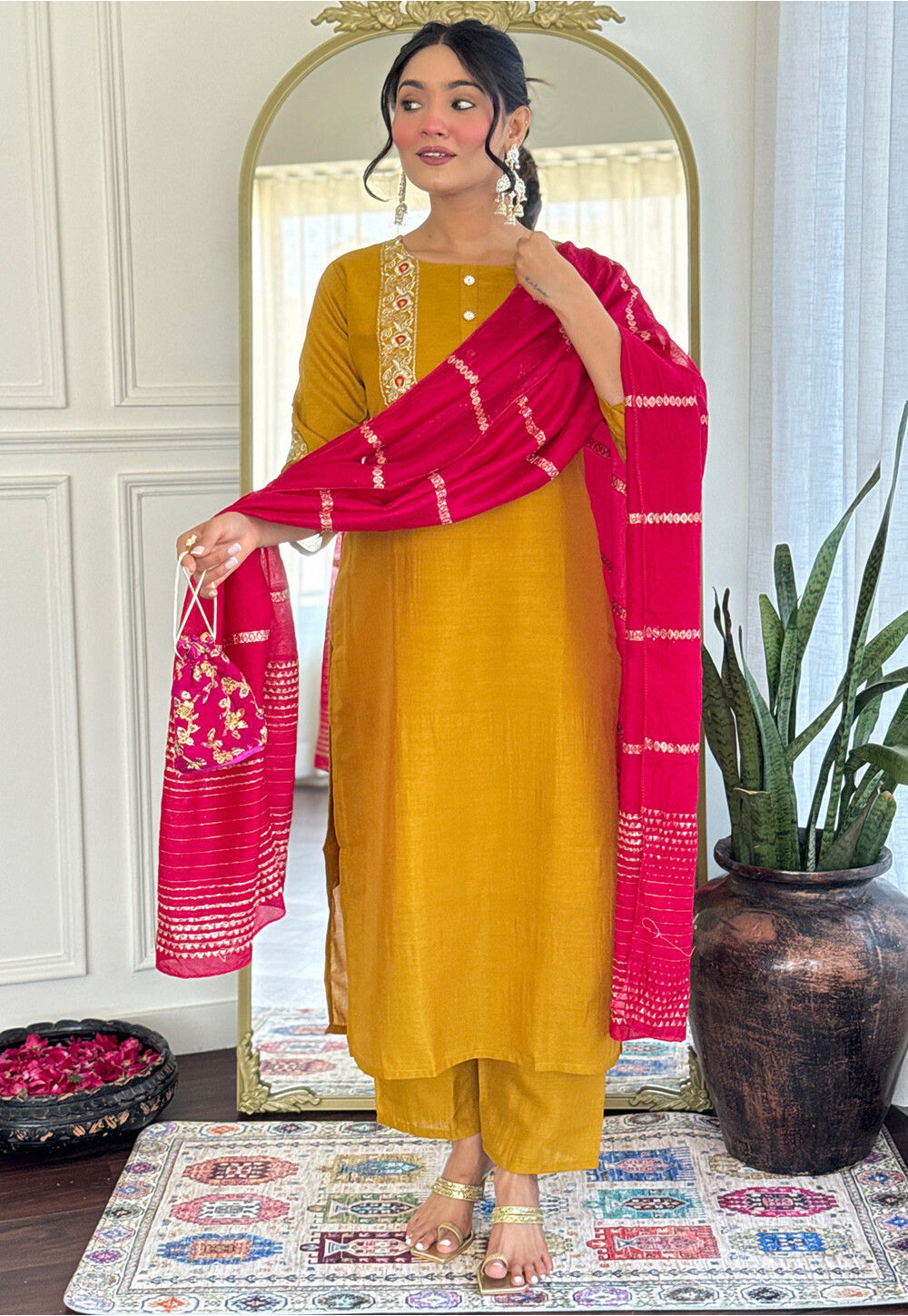 Buy Embroidered Art Silk Pakistani Suit in Mustard Online : KJC5507 ...
