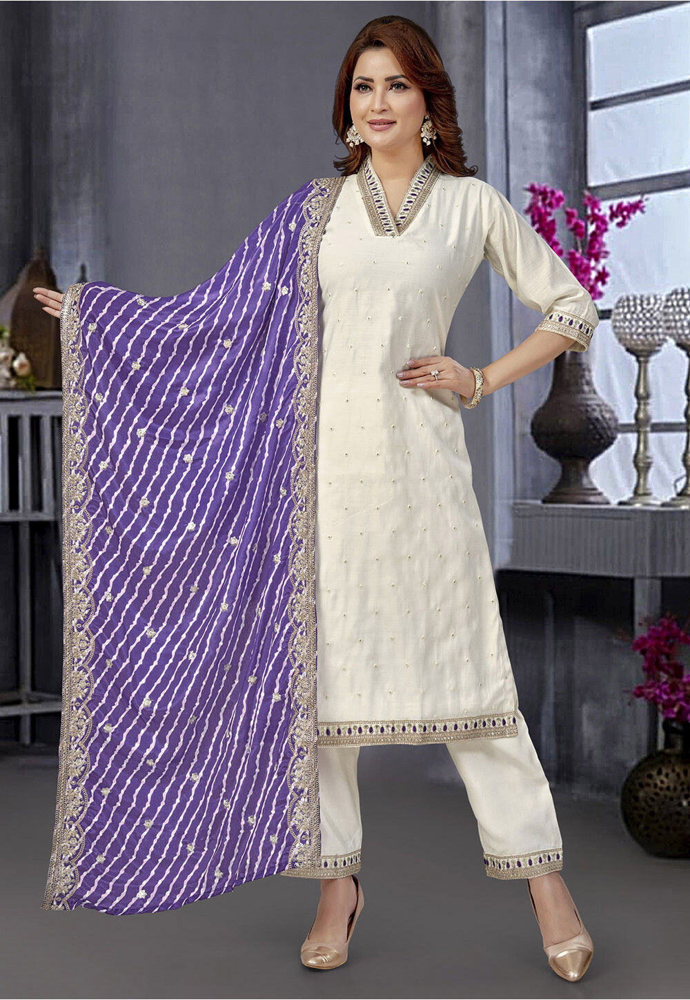 Buy Embroidered Art Silk Pakistani Suit in Off White Online : KRD790 ...
