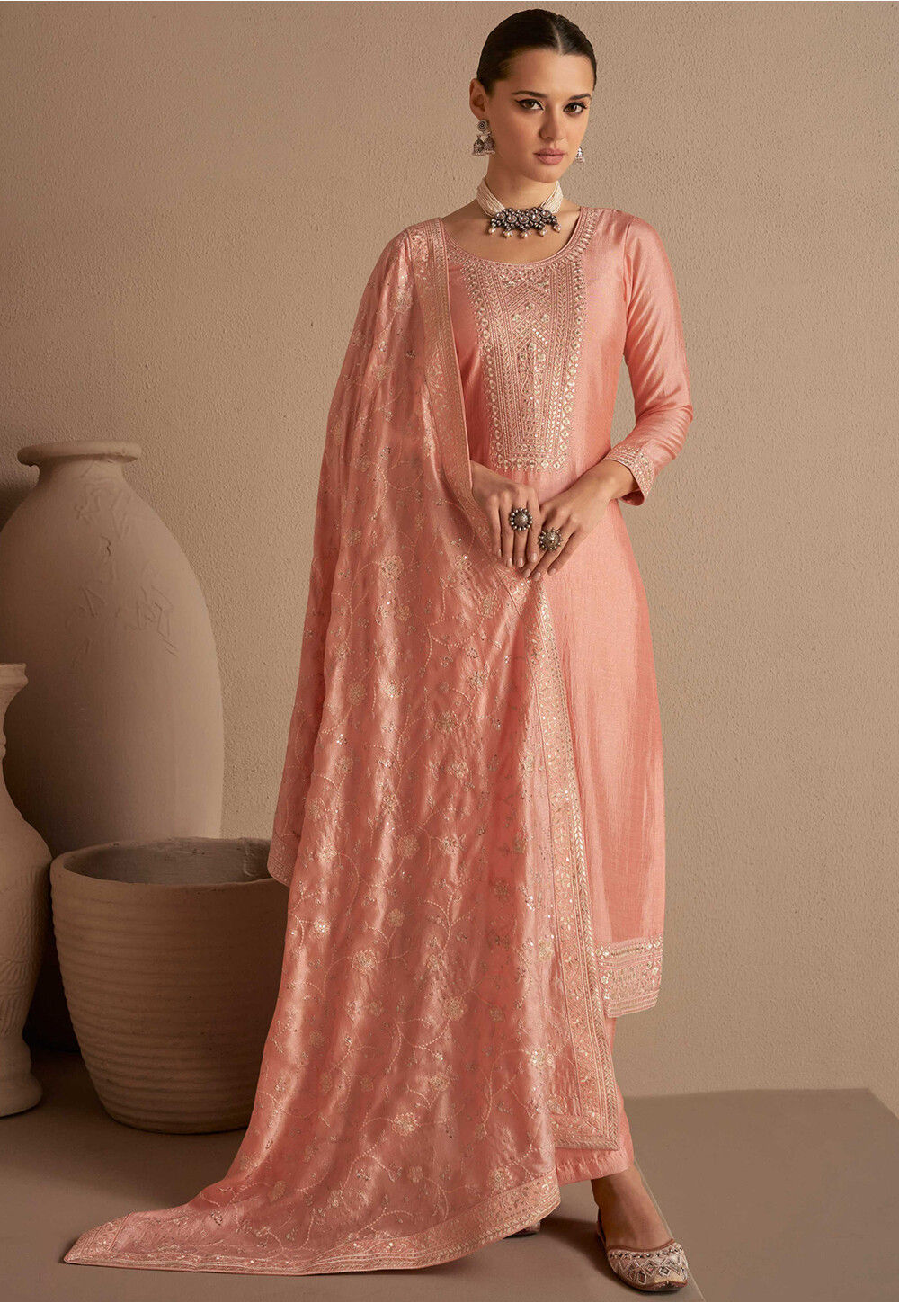 Buy Embroidered Art Silk Pakistani Suit in Peach Online : KCH11301 ...