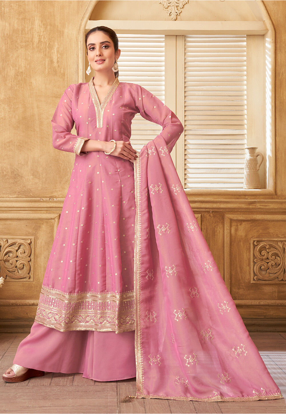 Buy Embroidered Art Silk Pakistani Suit in Pink Online : KBN798 - Utsav ...