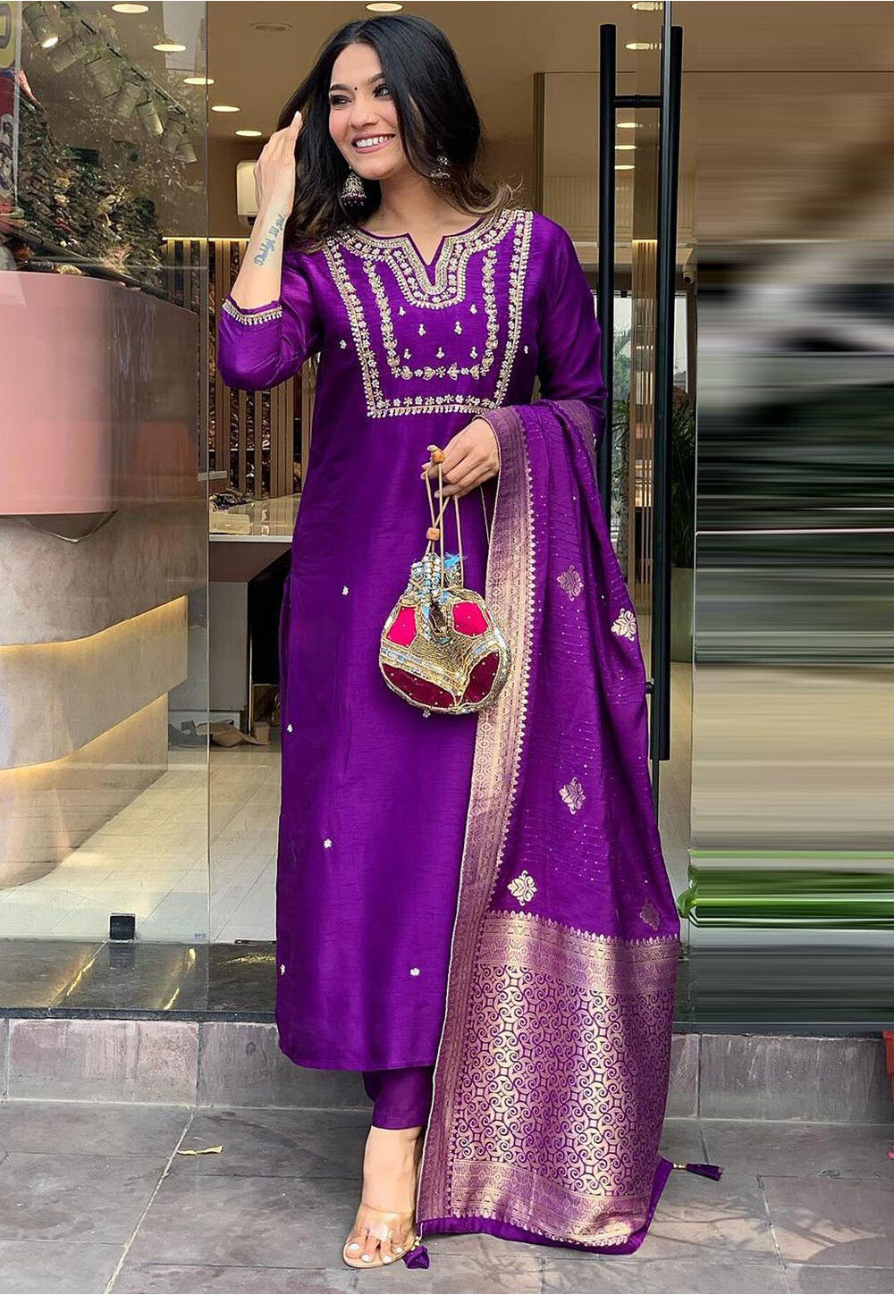 Buy Embroidered Art Silk Pakistani Suit in Purple Online : KJC4096 ...