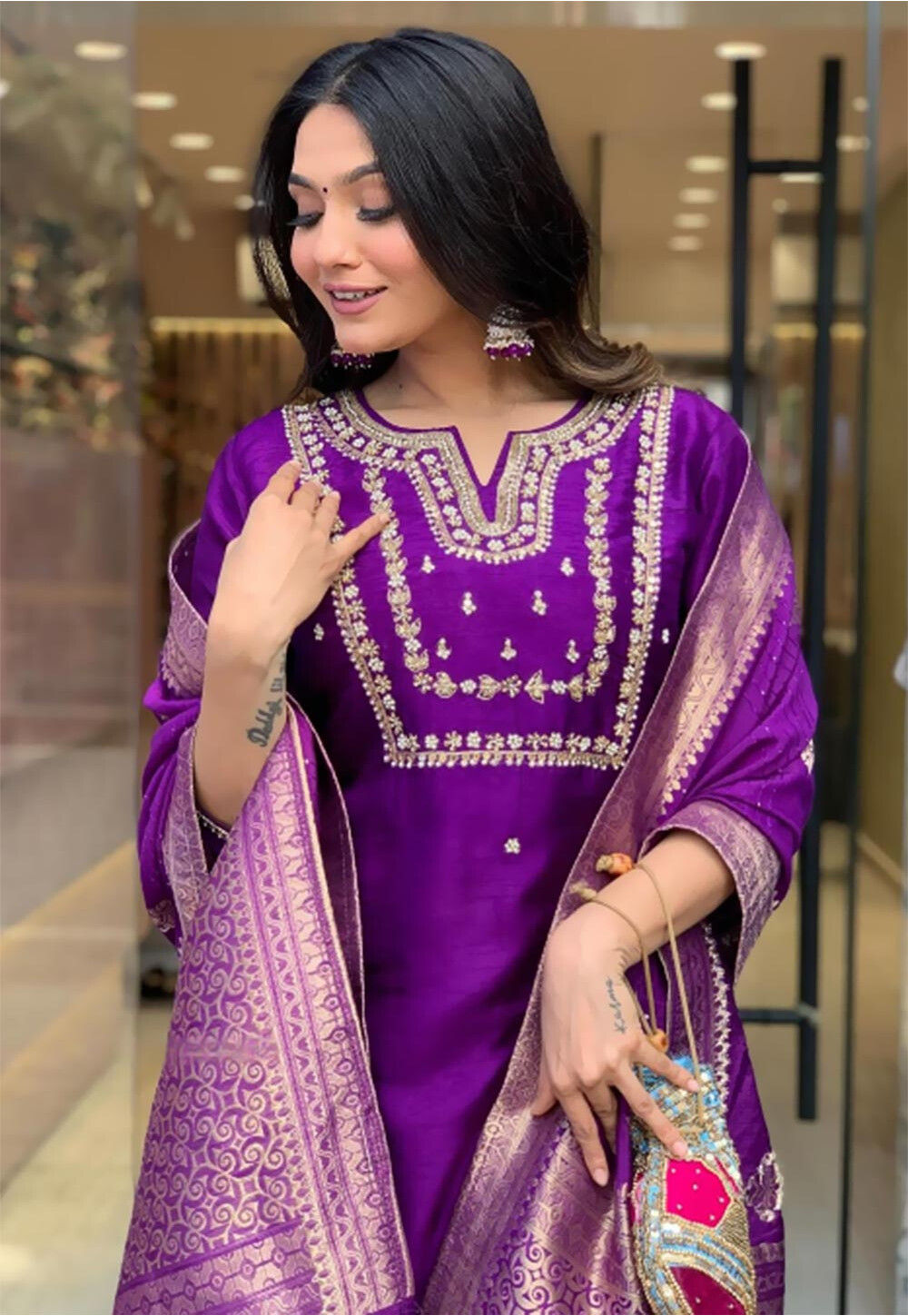Buy Embroidered Art Silk Pakistani Suit in Purple Online : KJC4096 ...