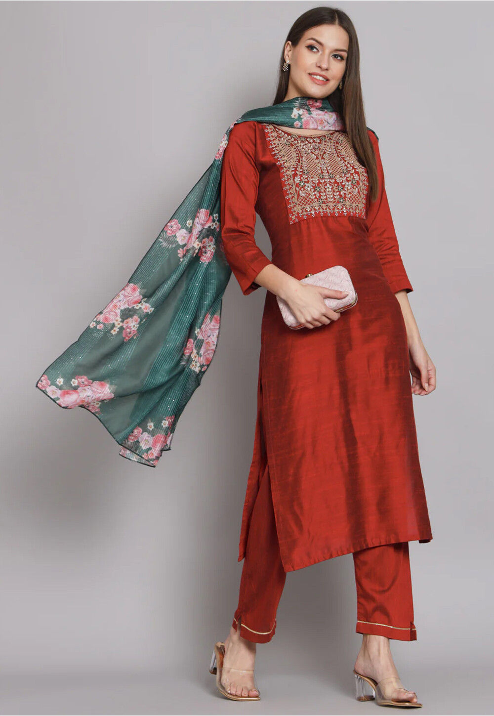 Buy Embroidered Art Silk Pakistani Suit in Red Online : KBNQ5371 ...