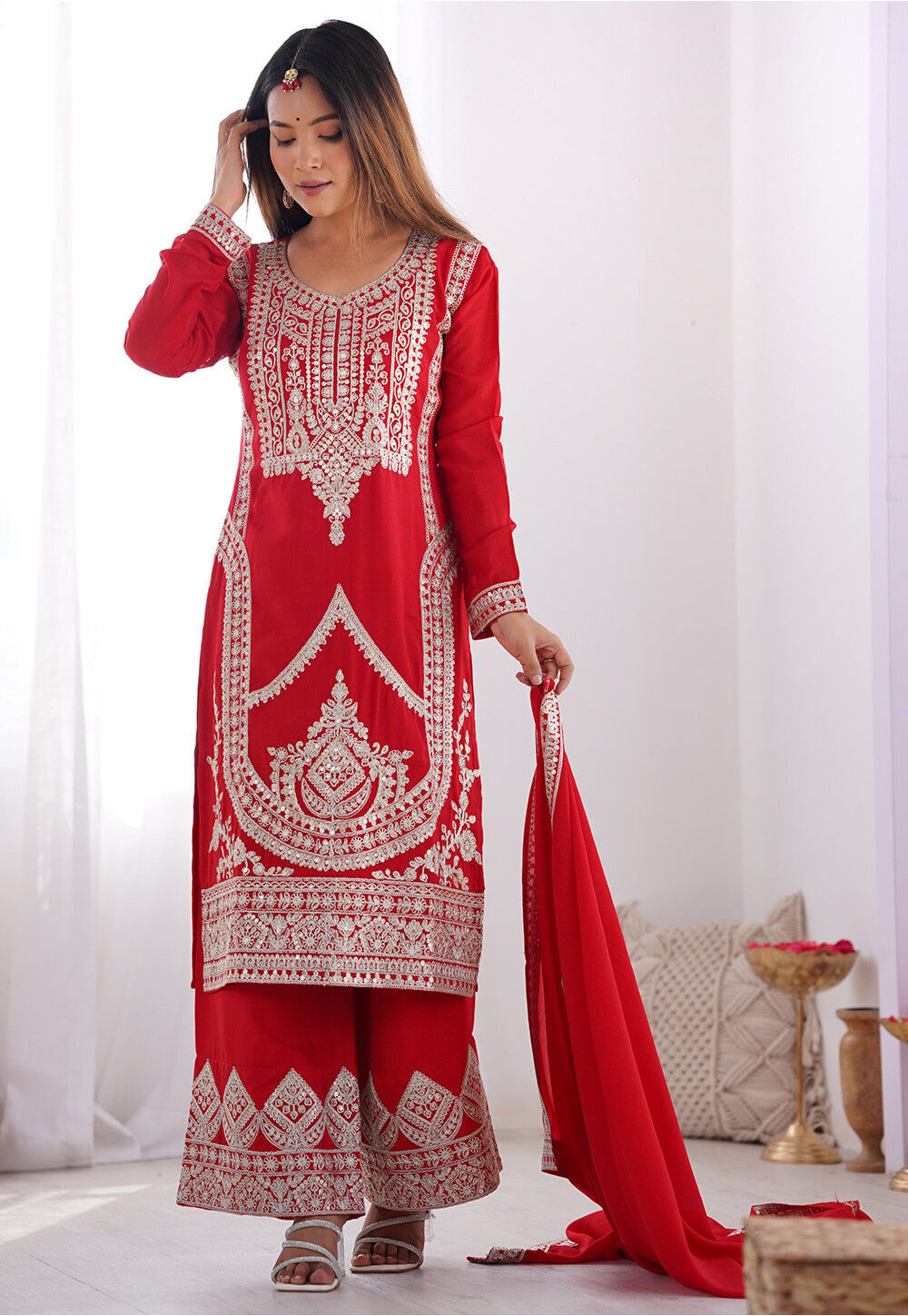 Buy Embroidered Art Silk Pakistani Suit in Red Online : KBNQ6200 ...