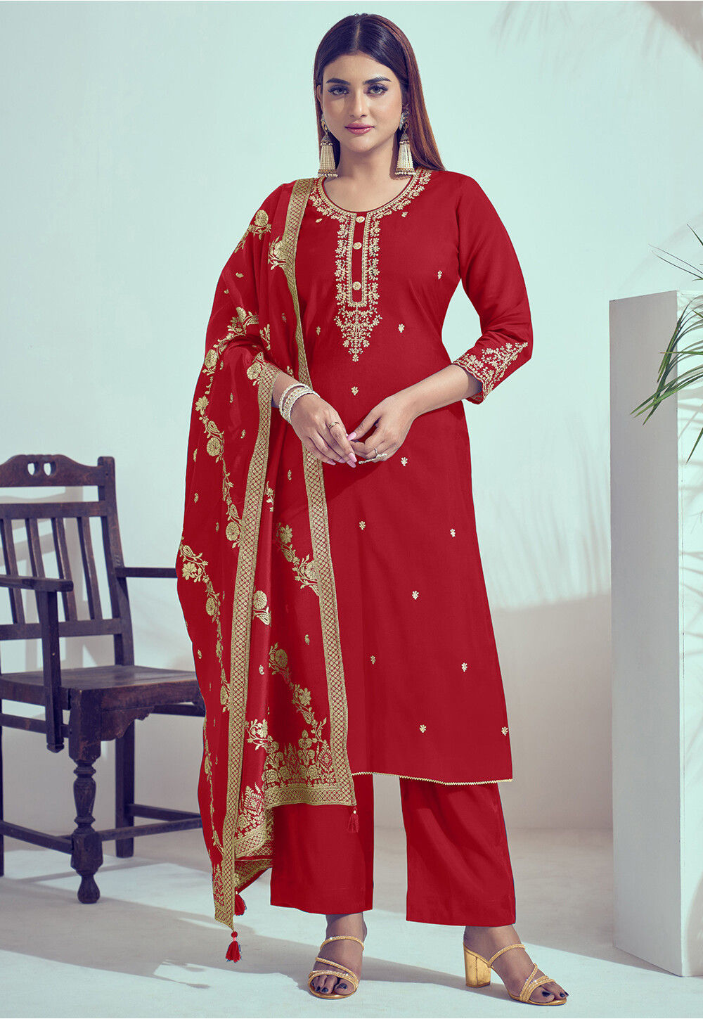 Buy Embroidered Art Silk Pakistani Suit in Red Online : KJC4899 - Utsav ...