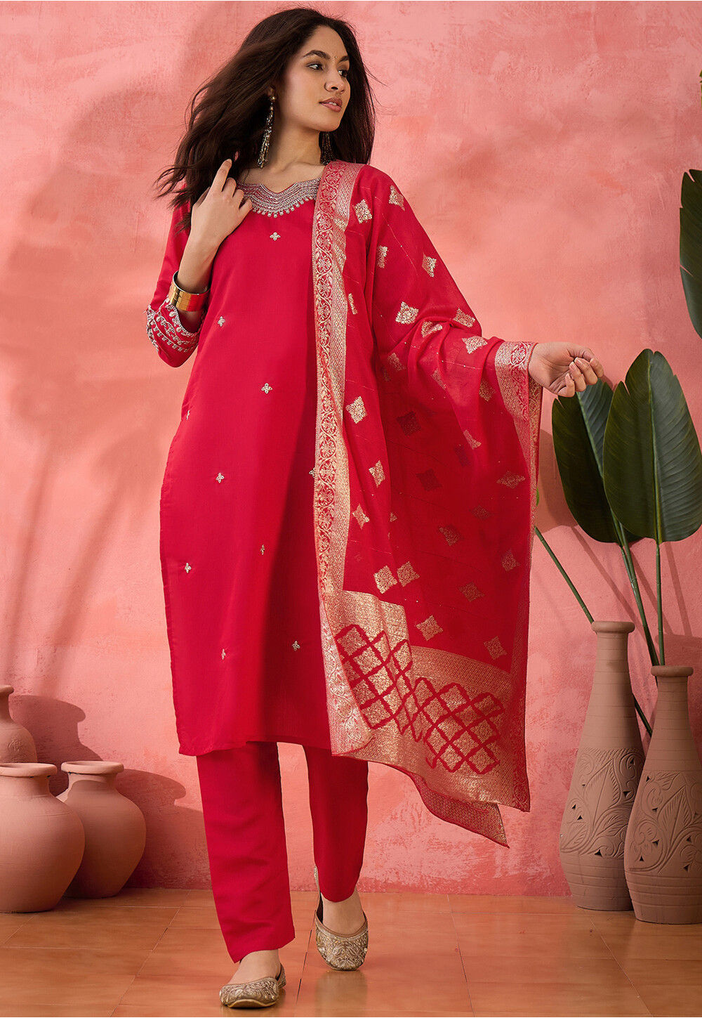 Buy Embroidered Art Silk Pakistani Suit in Red Online : KJC5367 - Utsav ...