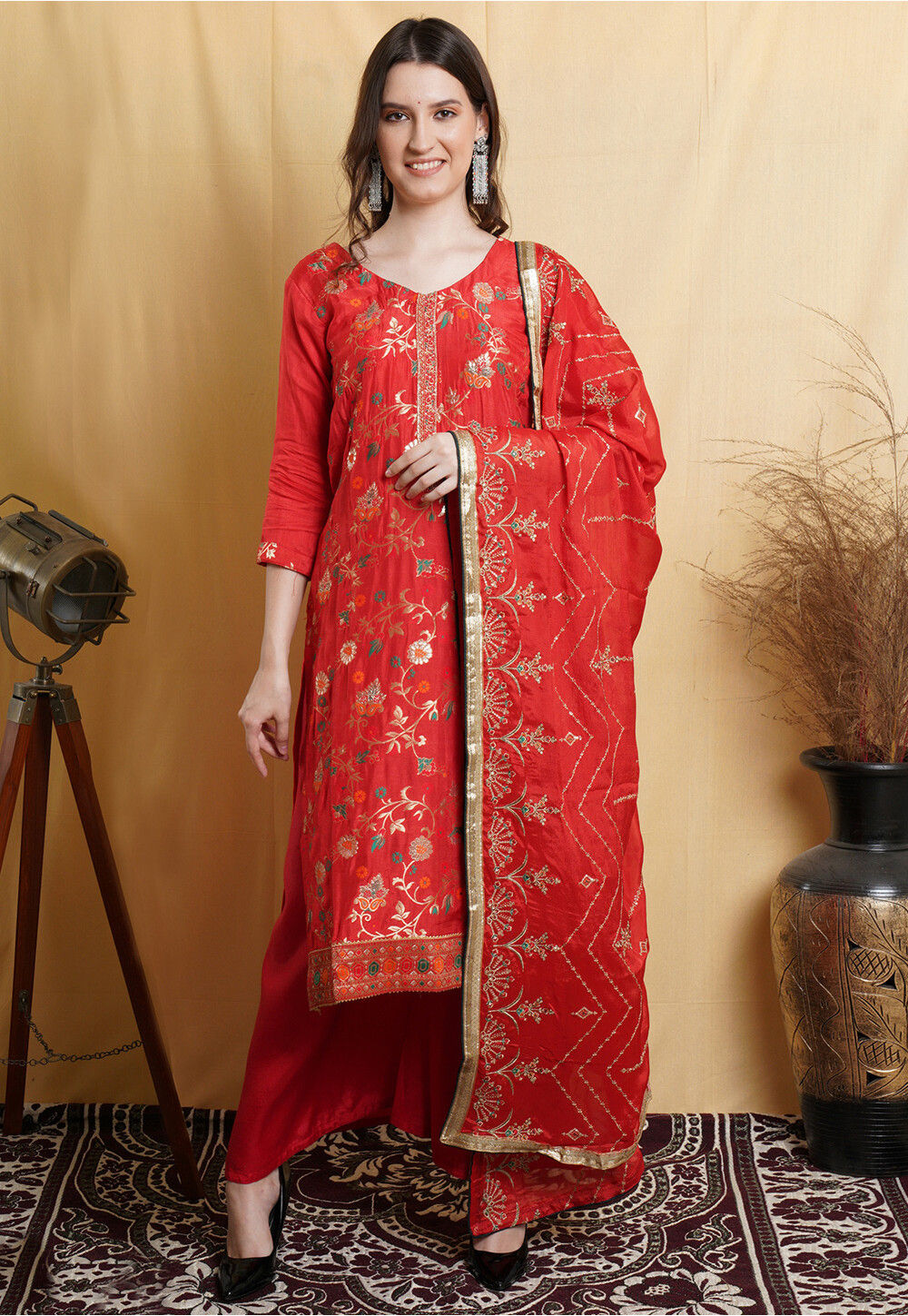 Buy Embroidered Art Silk Pakistani Suit in Red Online : KPV1021 - Utsav ...