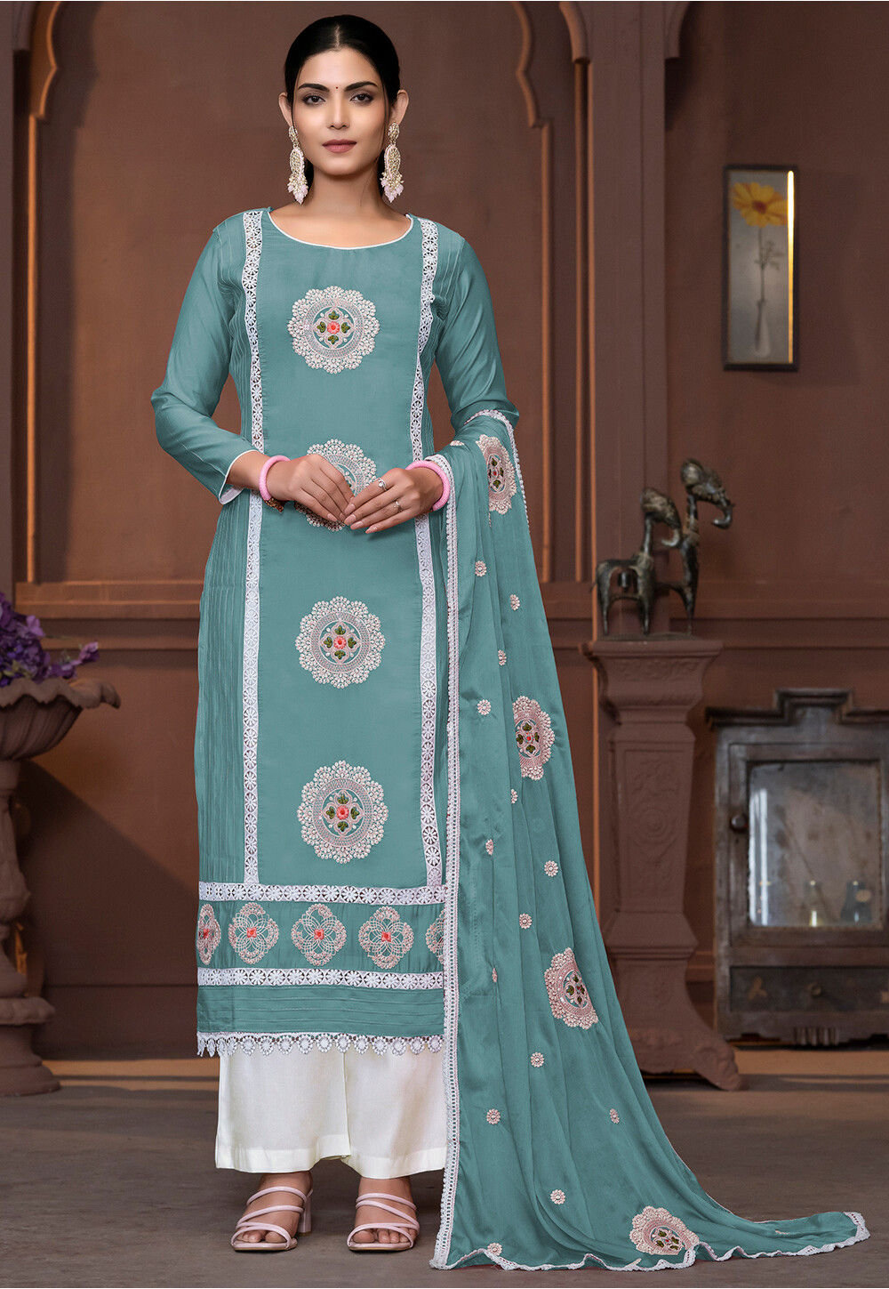 Buy Embroidered Art Silk Pakistani Suit in Sea Green Online : KYE2518 ...