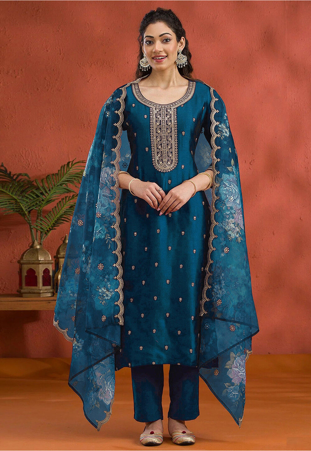 Buy Embroidered Art Silk Pakistani Suit in Teal Blue Online : KRY1839 ...