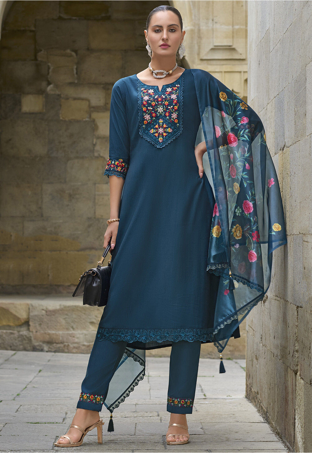 Buy Embroidered Art Silk Pakistani Suit in Teal Blue Online : KVG631 ...